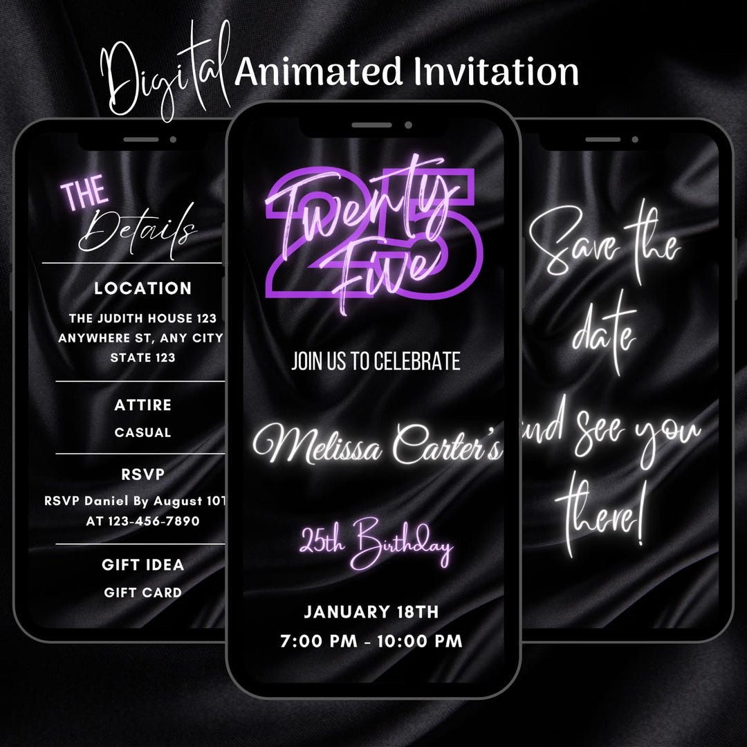 Digital Purple 25th Birthday Party Invitation, Editable Animated Neon ...