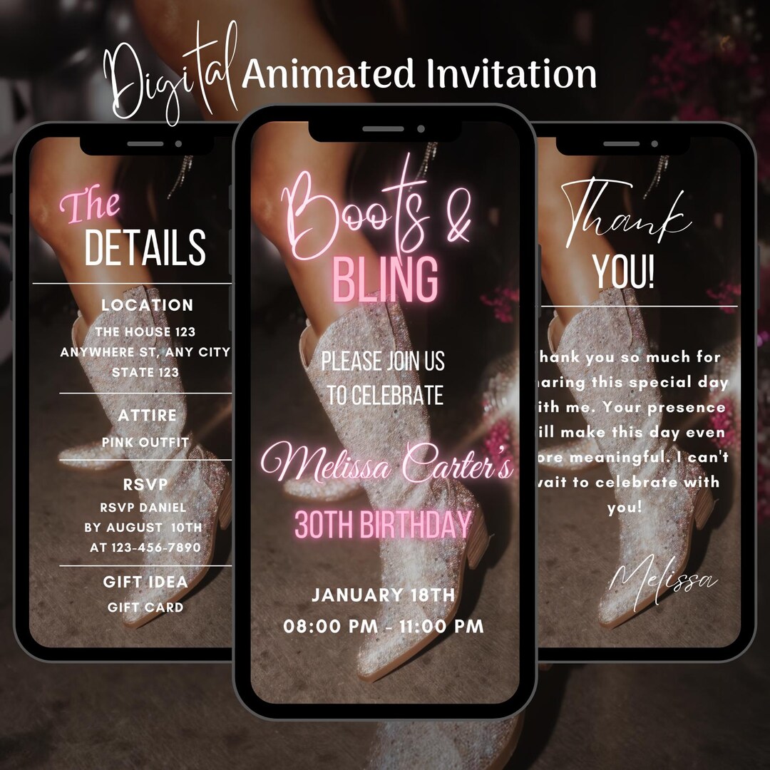 Editable Boots and Bling Birthday Invitation, Digital Western Party ...