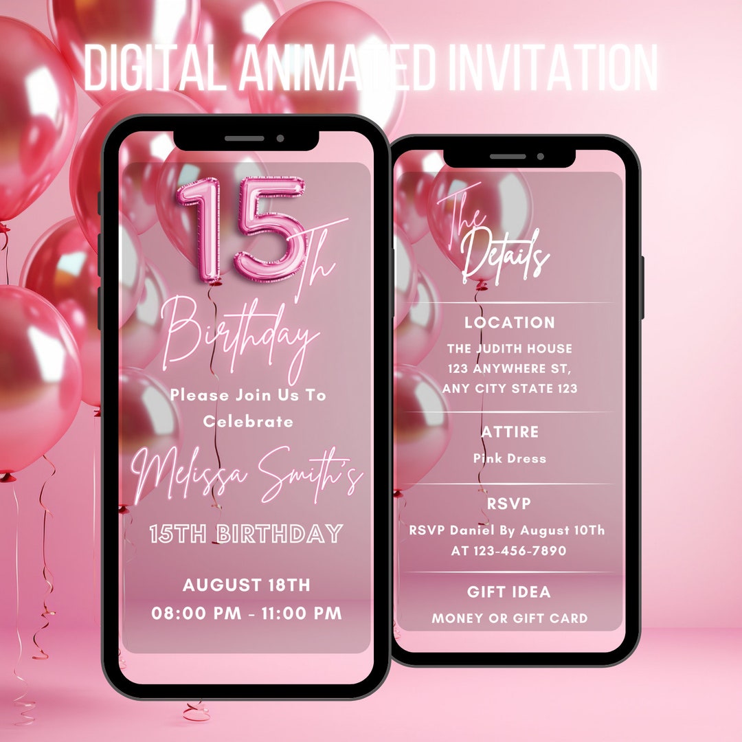 Digital Pink 15th Birthday Invitation for Girls, Animated Pink Balloon Fifteenth Birthday, 15th ...