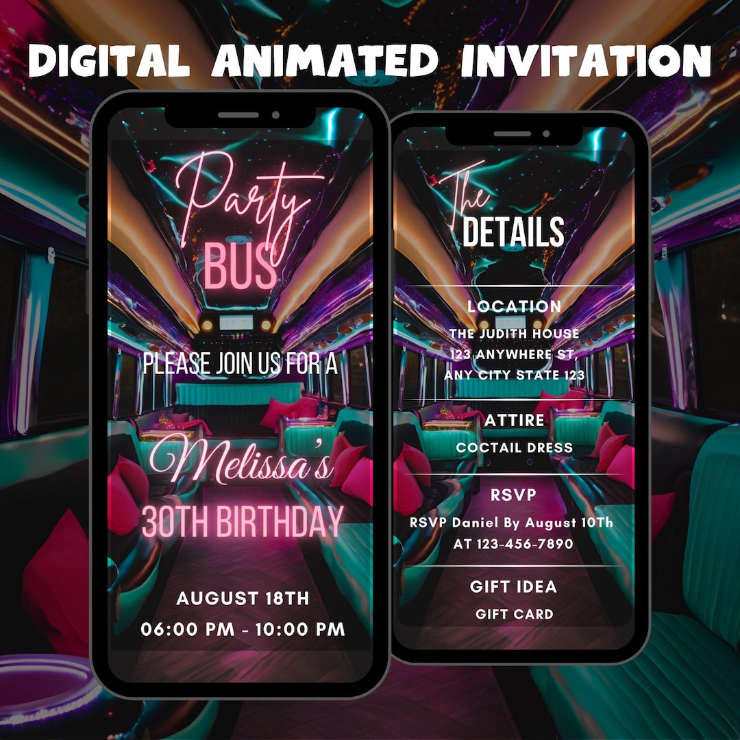 Editable Party Bus Invitation, Animated Party Bus Time Invitation, VIP ...