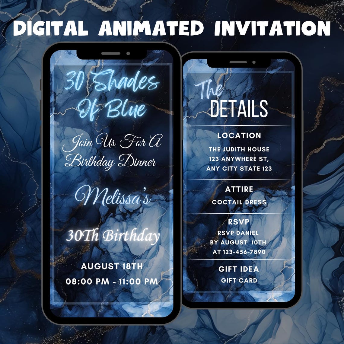 Editable Shades of Blue Birthday Invitation, Digital Blue Dinner Party ...