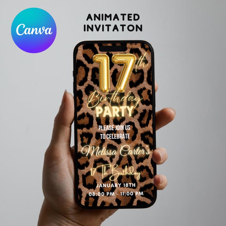 Editable Leopard 17th Birthday Party Video Invitation: Animated Teen ...