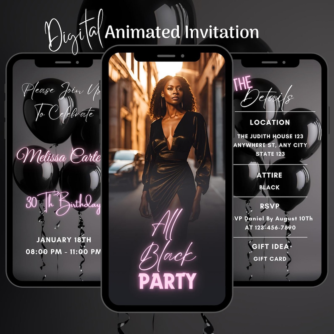 Digital All Black Birthday Party Invitation, All Black Affair Template ...