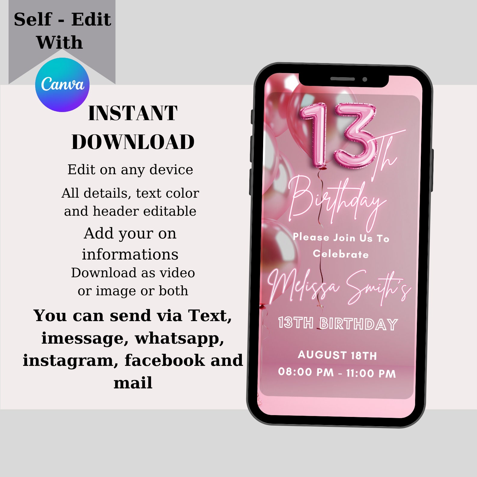 Editable Pink 13TH Birthday Invitation, Animated 13th Party Invite ...