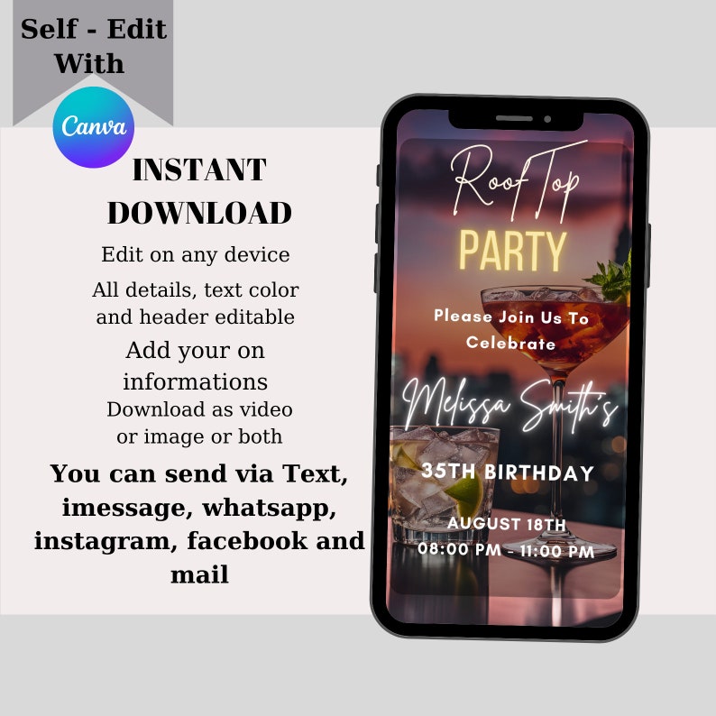 Editable Rooftop Birthday Party Invitation, Adult Birthday Cocktail ...
