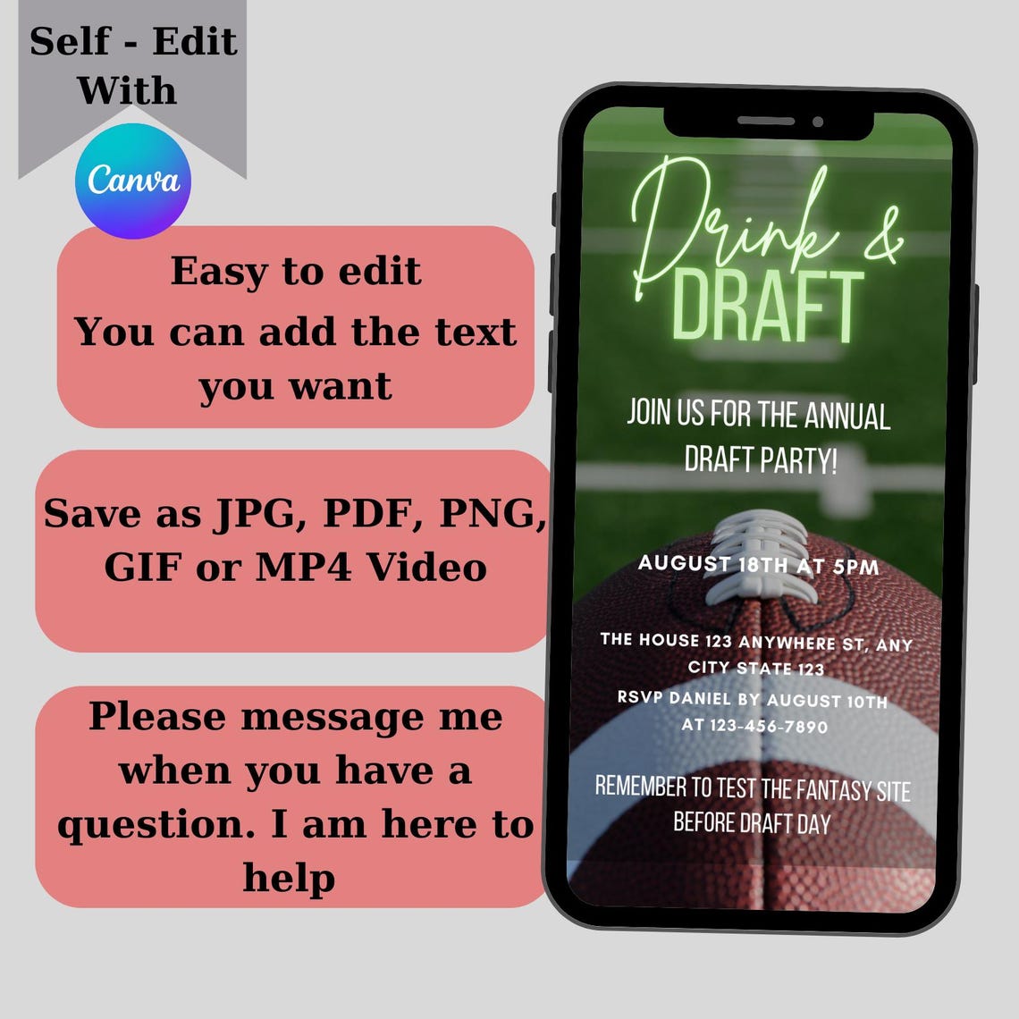 Digital Editable Fantasy Football Draft Party Video Invitation ...