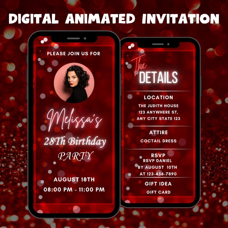 Editable Red Glitter Birthday Invitation With Photo, Digital Birthday ...