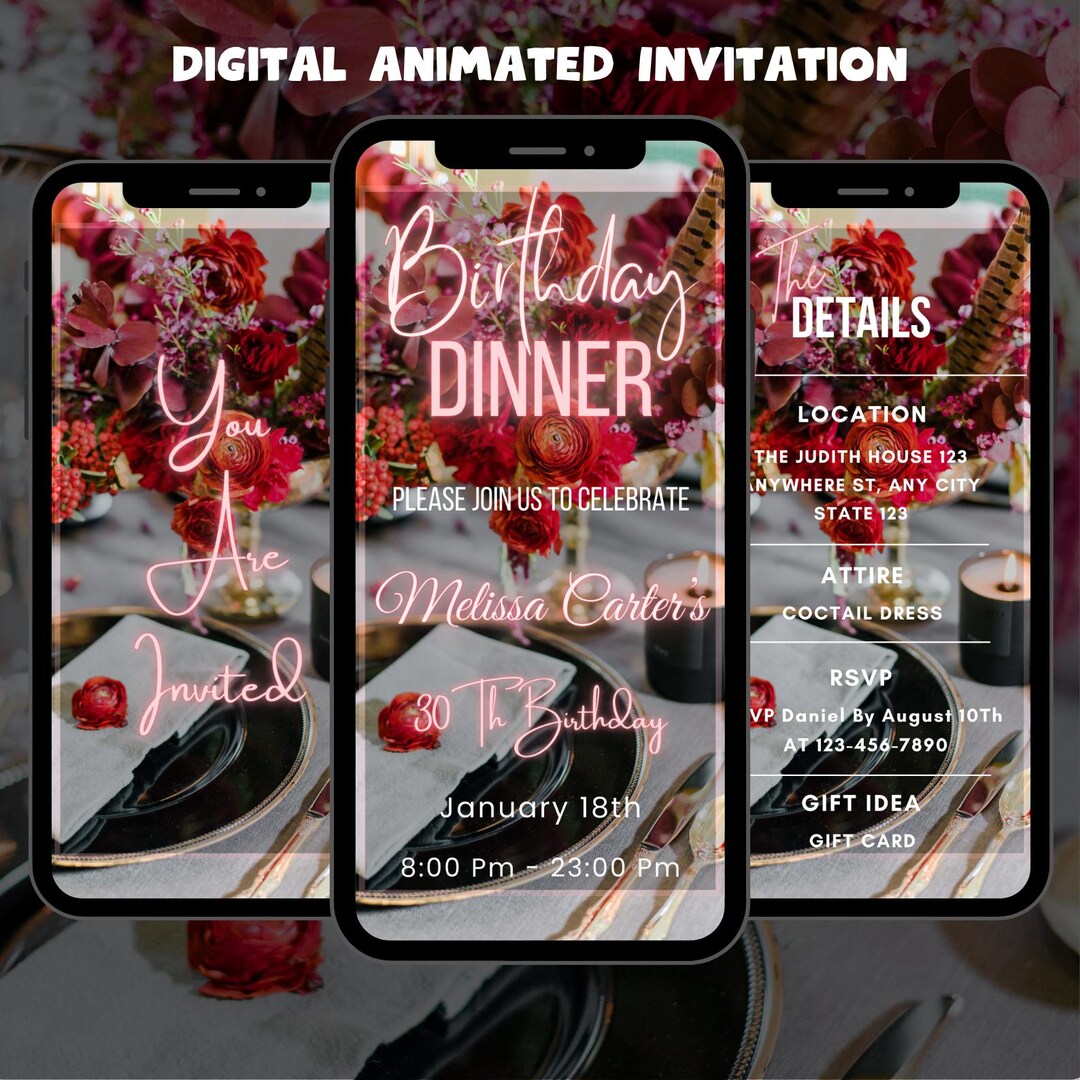 Digital Floral Birthday Dinner Invitation, Editable Dinner Party ...