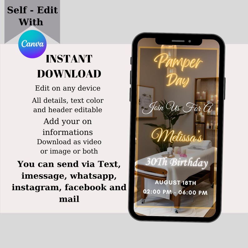 Editable Pamper Day Invitation, Spa Birthday Invite, Digital Invitation ...