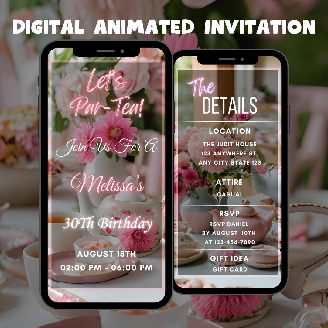 Editable Tea Party Birthday Animated Invitation: Pink Floral Brunch ...