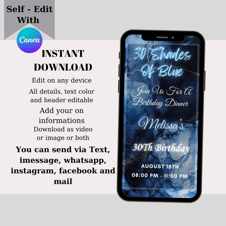 Editable Shades of Blue Birthday Invitation, Digital Blue Dinner Party ...