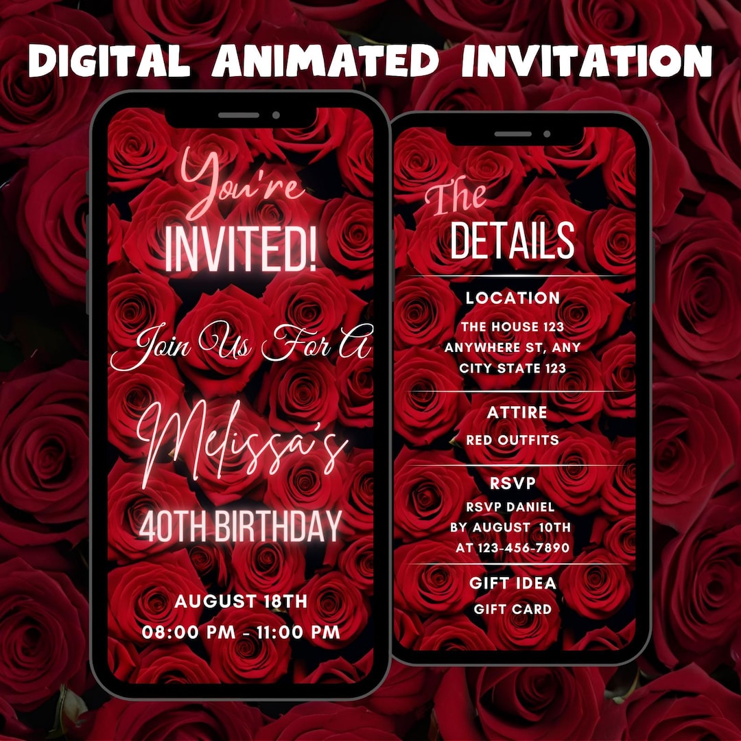 Editable Red Rose Birthday Party Invitation, Animated Birthday Party ...