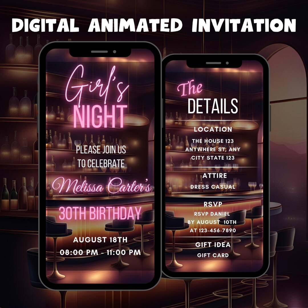 Editable Digital Girls Night Birthday Invitation, Animated Girls Night ...
