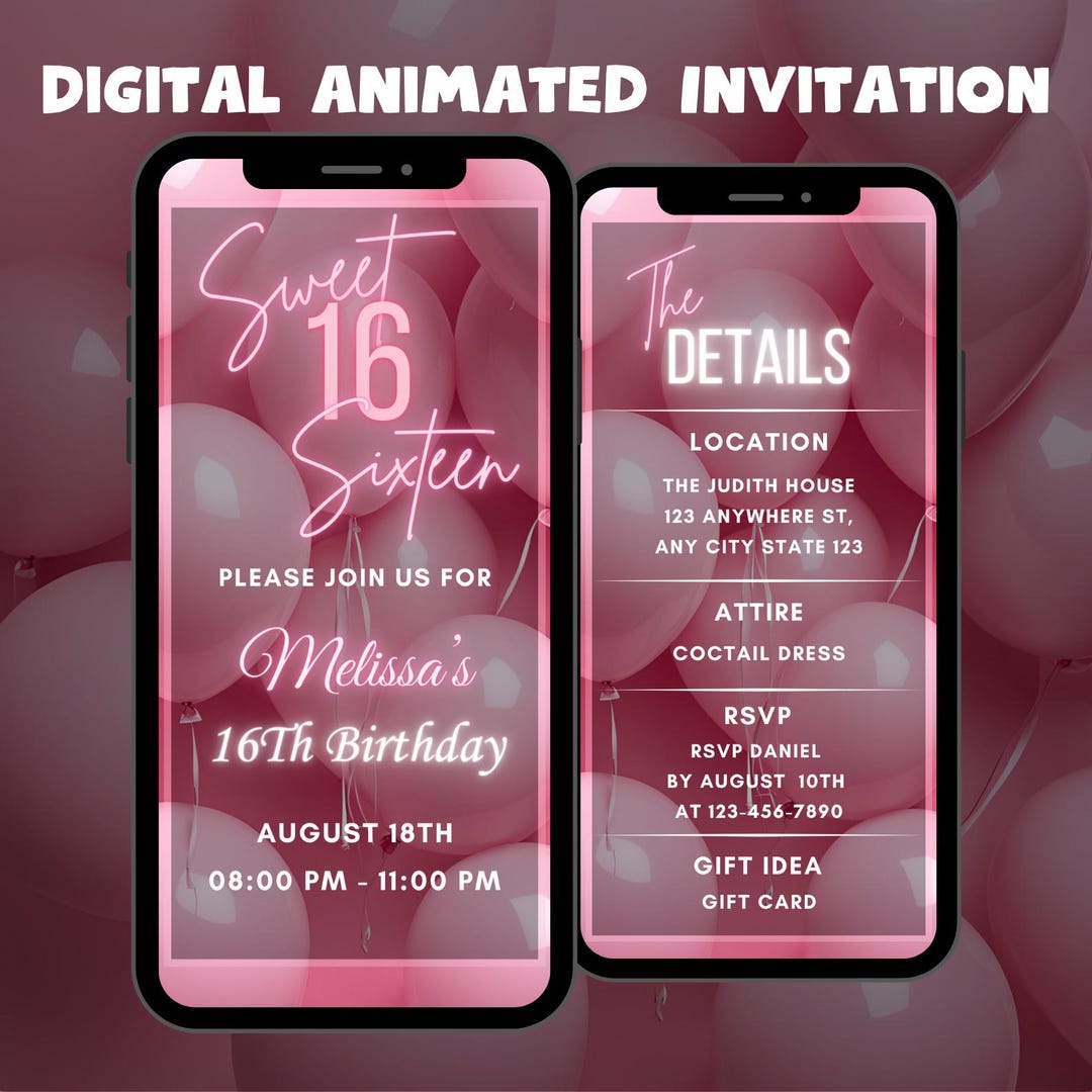 Editable Sweet 16 Sixteen Birthday Invitation, Animated Pink 16th Party ...