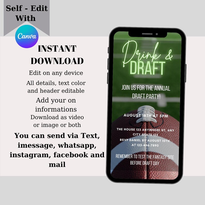 Editable Fantasy Football Draft Party Invitation, Animated Football ...