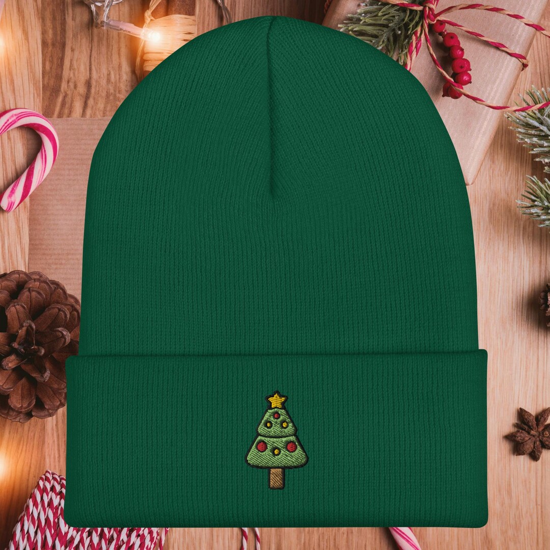 Embroidered Christmas Tree Cuffed Beanie - Etsy