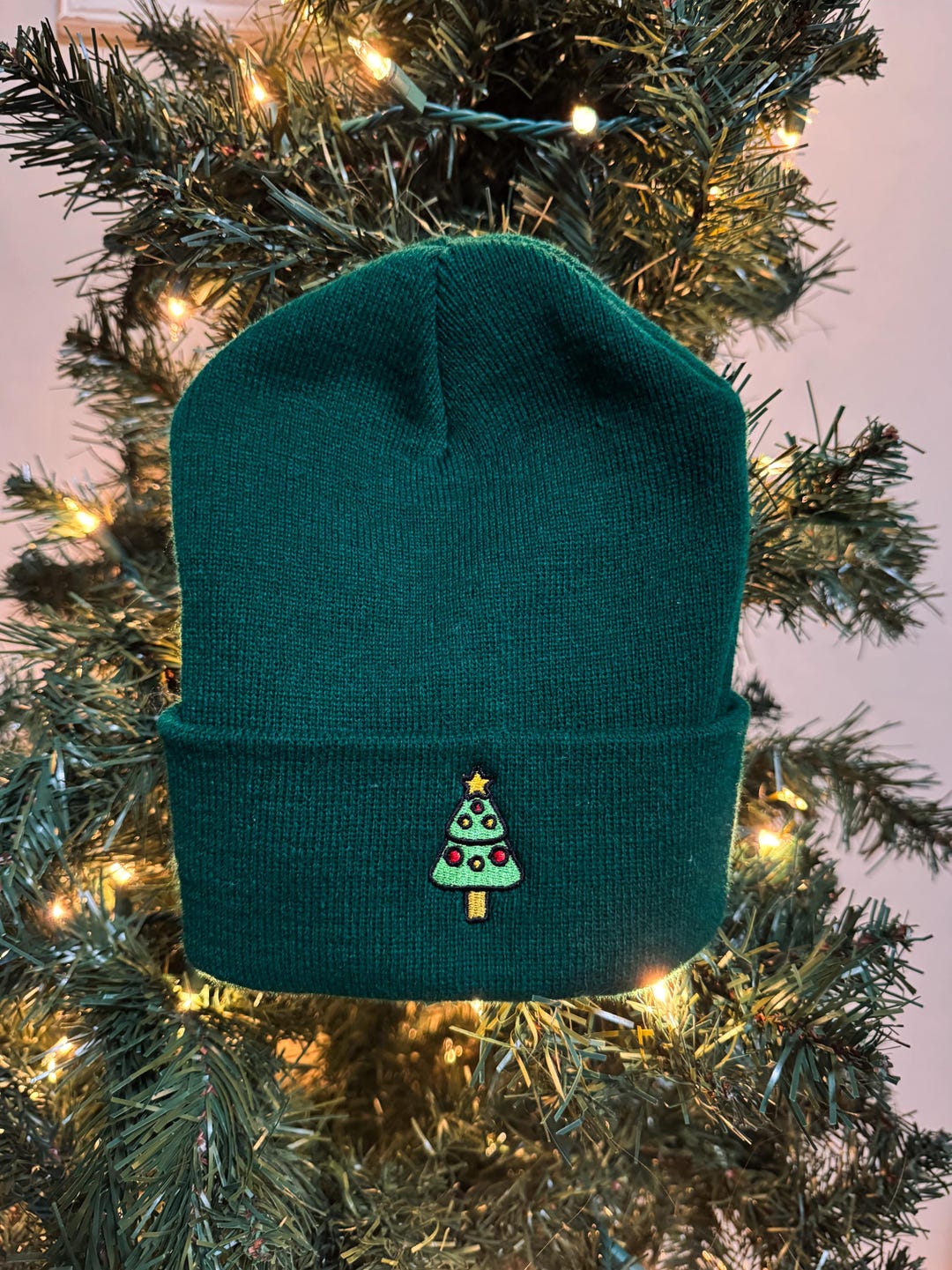 Embroidered Christmas Tree Cuffed Beanie - Etsy