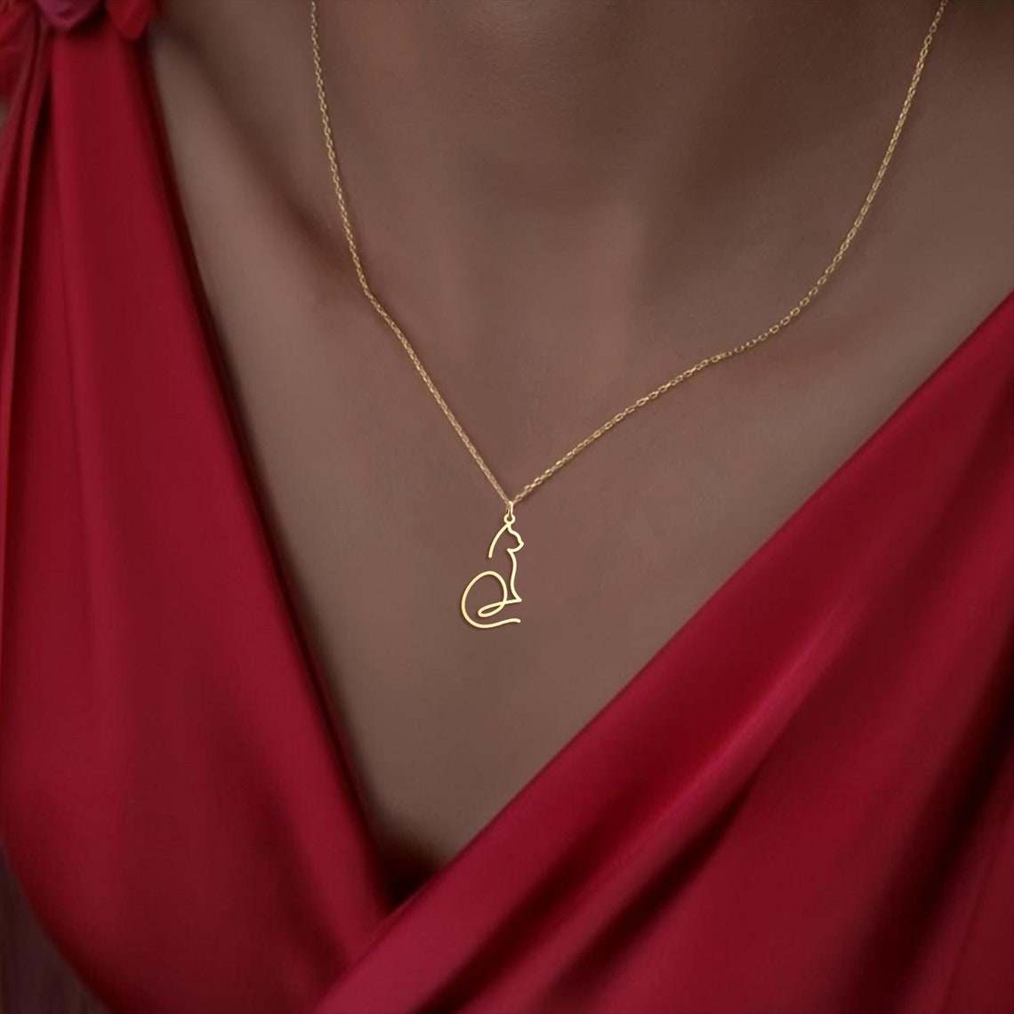 One Line Cat Necklace - Minimalist Cat Outline Charm - Line Art Cat ...