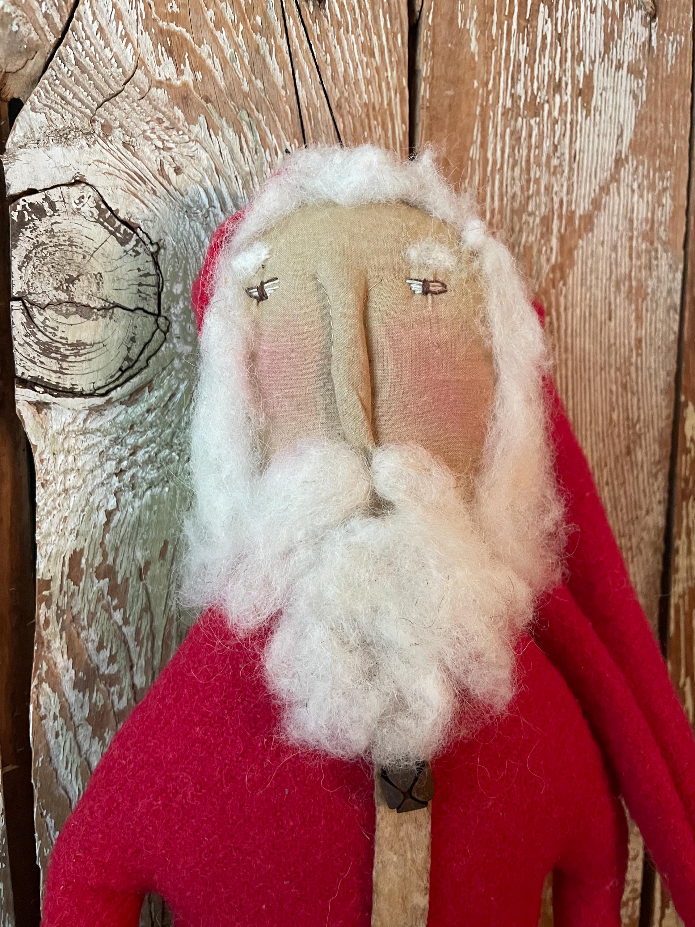 Primitive Hanging Red Wool Santa Doll With Stocking, Handmade Fabric ...