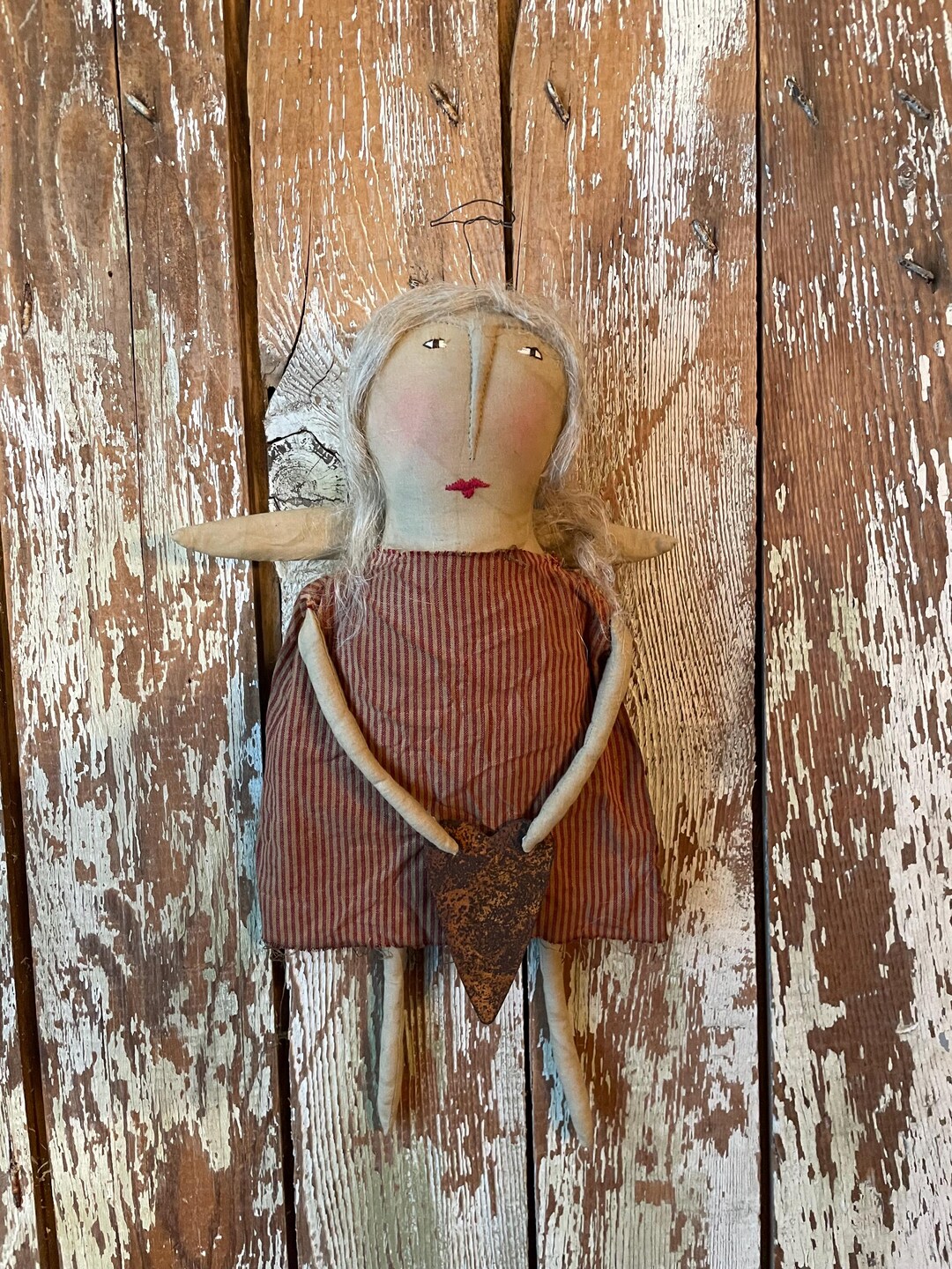 Primitive Hanging Fabric Angel Doll With Heart, Early Look Handmade ...