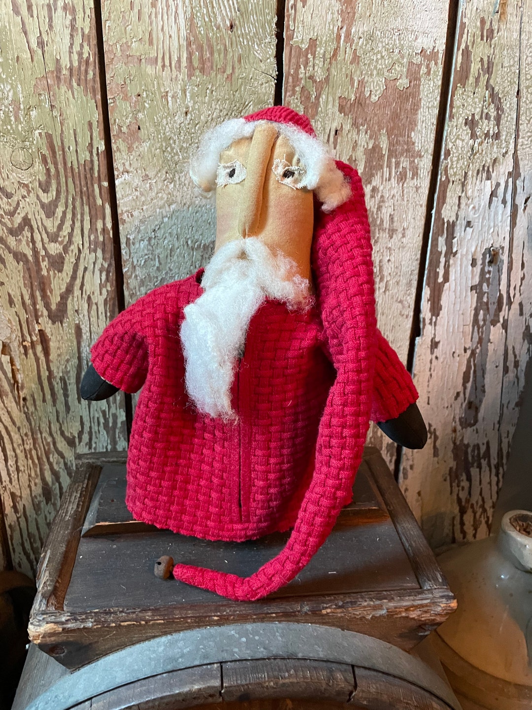 Short Stumpy Handmade Santa Ornie, Folk Art Santa Doll, Standing Fabric ...