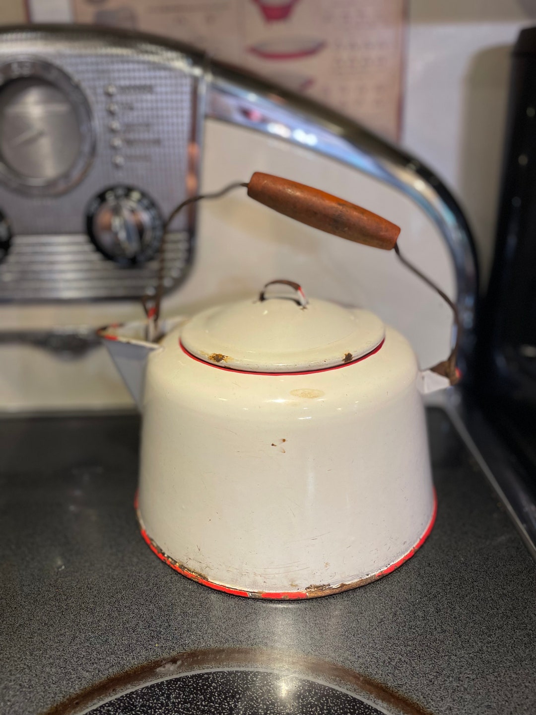 Vintage Red and White Enamelware Kettle, Early Kitchenware, Primitive ...