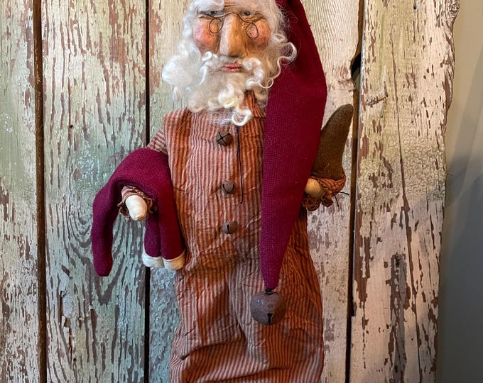Primitive Standing Clay Face Santa Ornie With Stocking, Handmade Santa ...