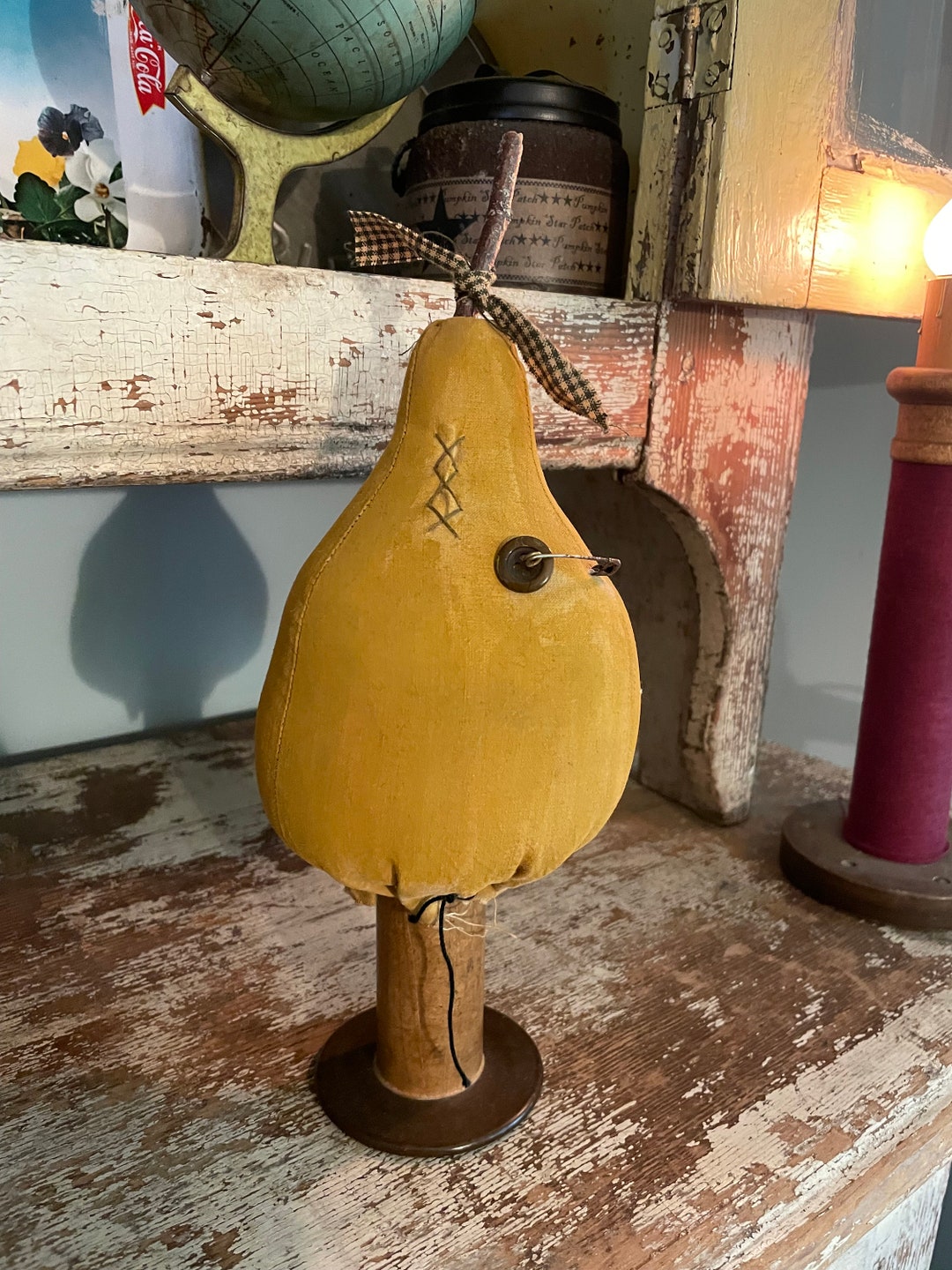 Primitive Handmade Painted Fabric Pear and Crow Make-do on Old Wood ...