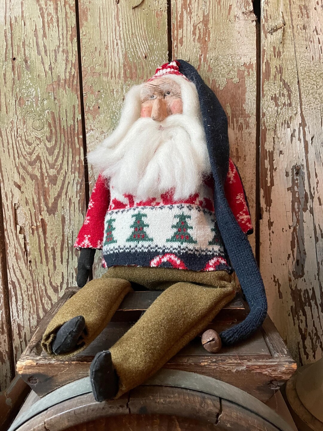 Primitive Sitting Clay Face Santa Doll in Christmas Sweater, Handmade ...
