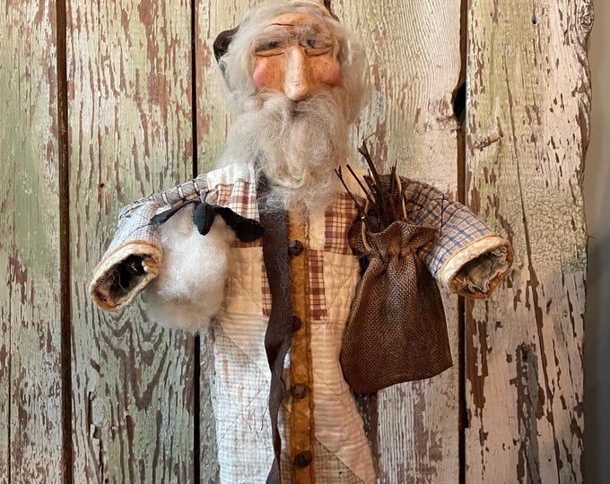 Primitive Standing Clay Face Winter Santa Ornie With Sheep and Bag of ...