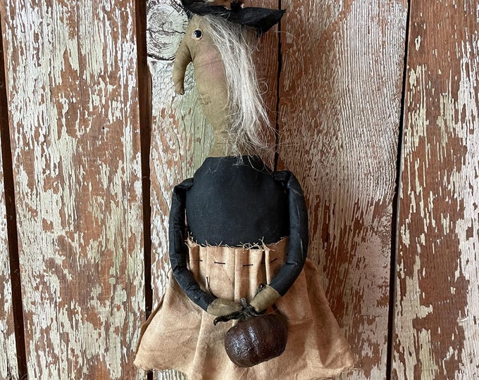 Prim Handmade Hanging Witch Doll With Pumpkin, Sideways Facing Fabric ...