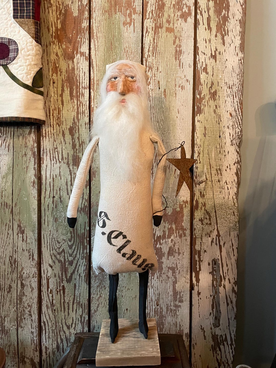 Primitive Standing Handmade Clay Face Santa Doll, Santa Ornie, Holiday ...