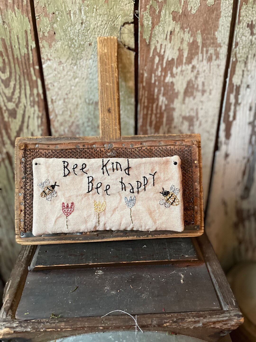 Prim Spring Embroidery on Osnaburg on Vintage Wool Carder, Bees and ...