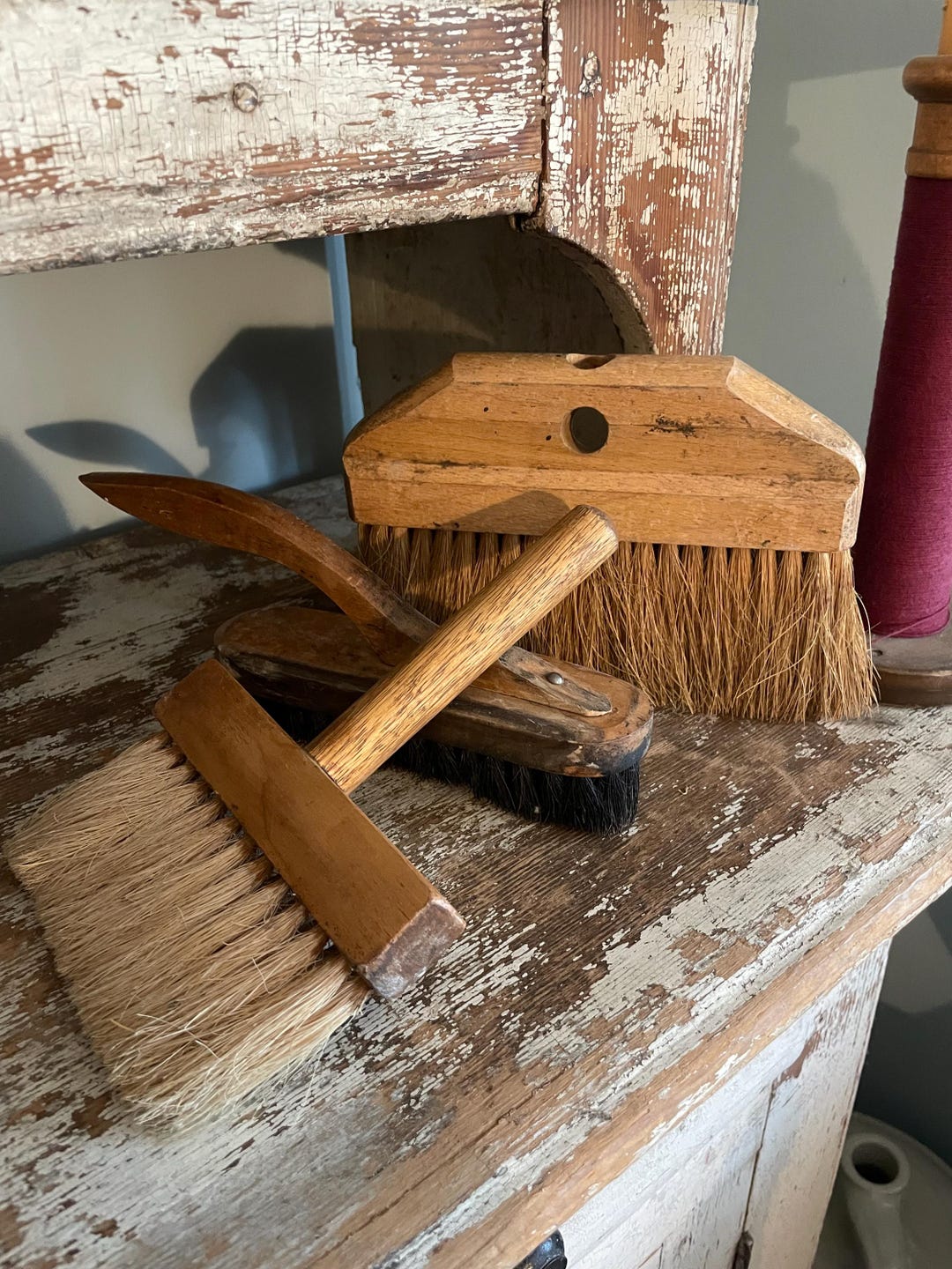 3 Prim Vintage Bristle Brooms With Wood Handles, Farmhouse, Country ...