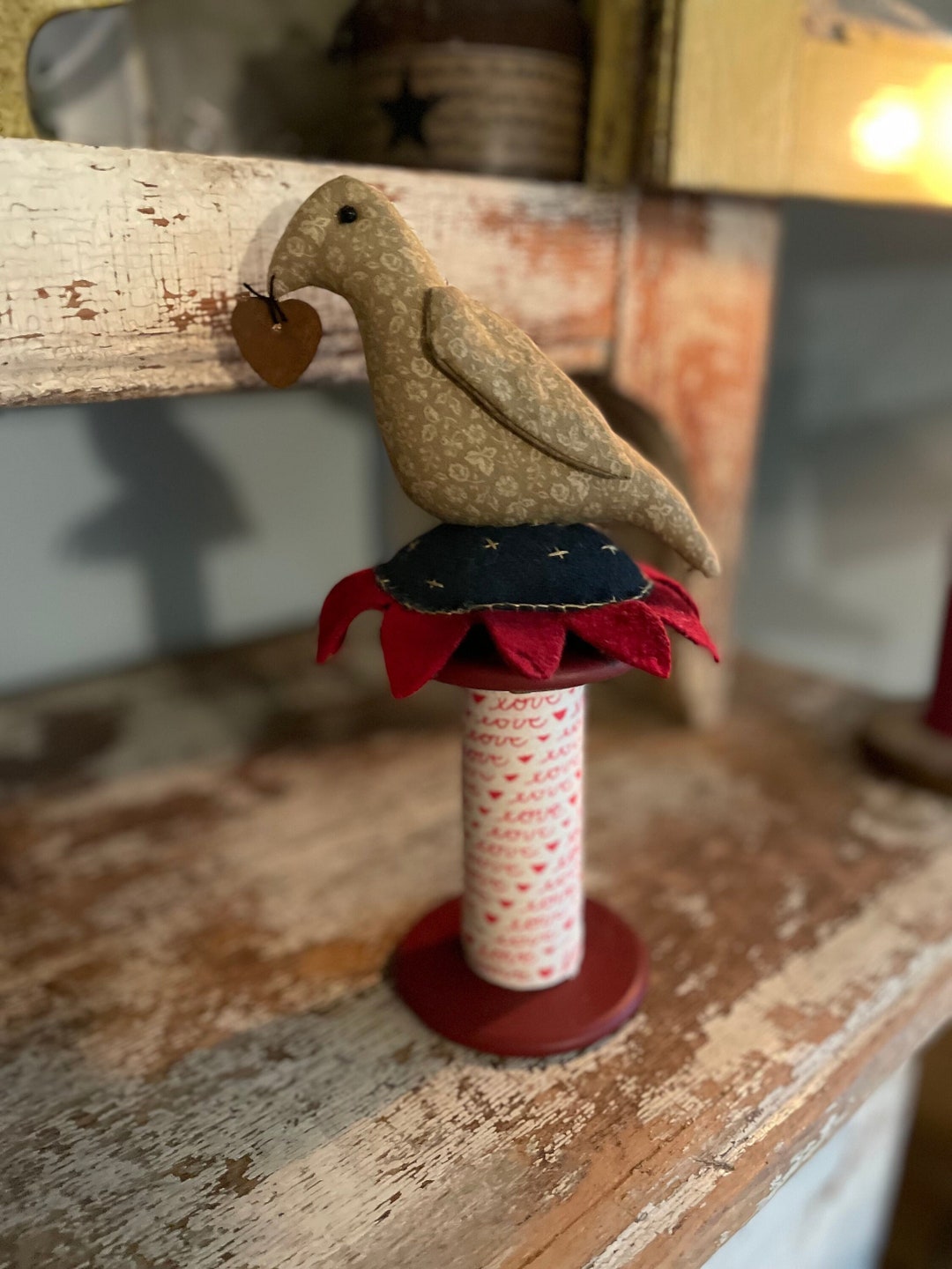 Primitive Bird on Wool Flower on Vintage Bobbin, Folk Art Bird, Fabric ...