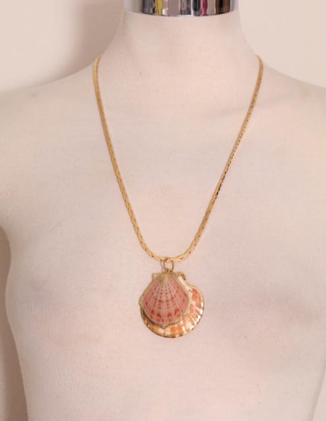 2 Real Sea Shells Gold Dipped Necklace Pendant Vintage 1970's Boho ...