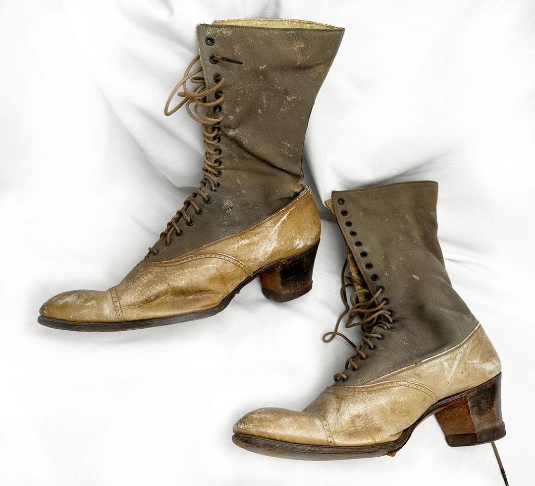 Antique Victorian 1800s White Leather & Canvas Boots Heels Shoes ...