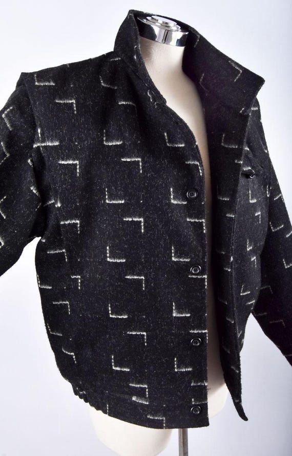 1980's Wool Winter Coat, V Shape Jacket, Black & Whit… - Gem