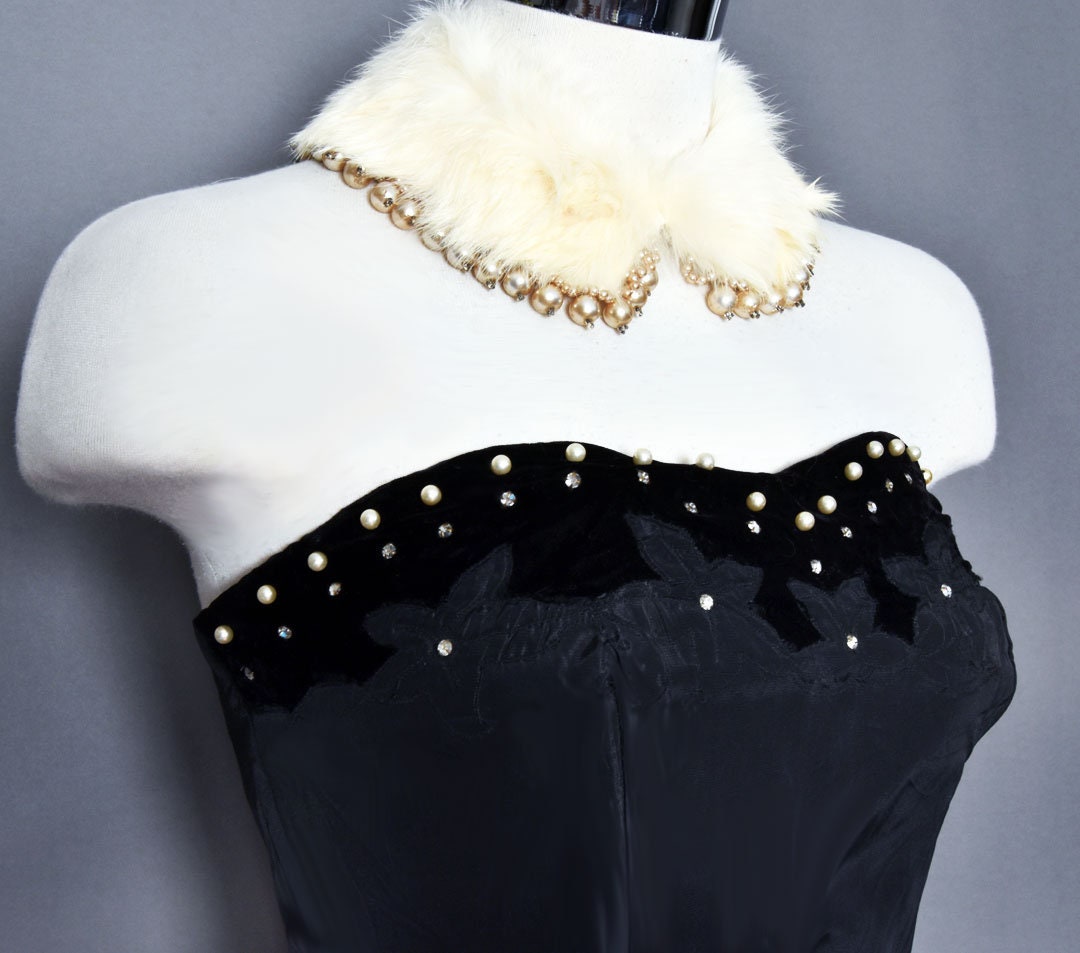 1950's Real Fur Choker Necklace White Ivory Satin Beads Pearls Wedding ...