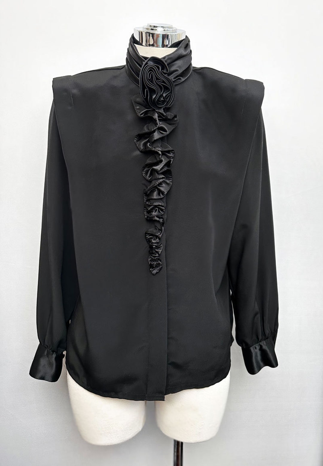 80's Black Rose Ruffle Blouse, Vintage High Collar Shirt Women's Ruffle ...