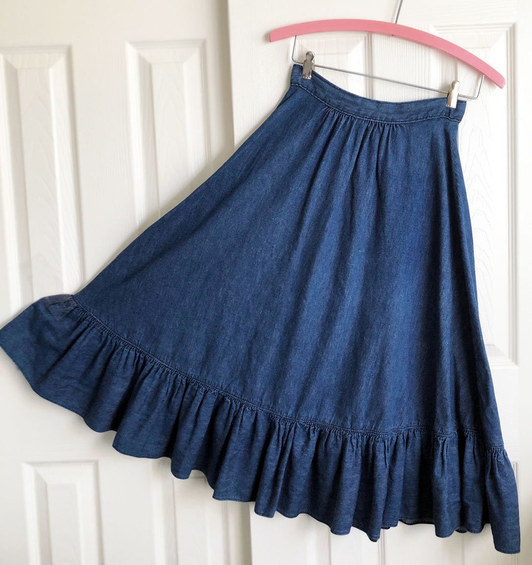 Vintage Denim Blue Jean FULL SKIRT, 1970's, Ruffle Flounce Western ...