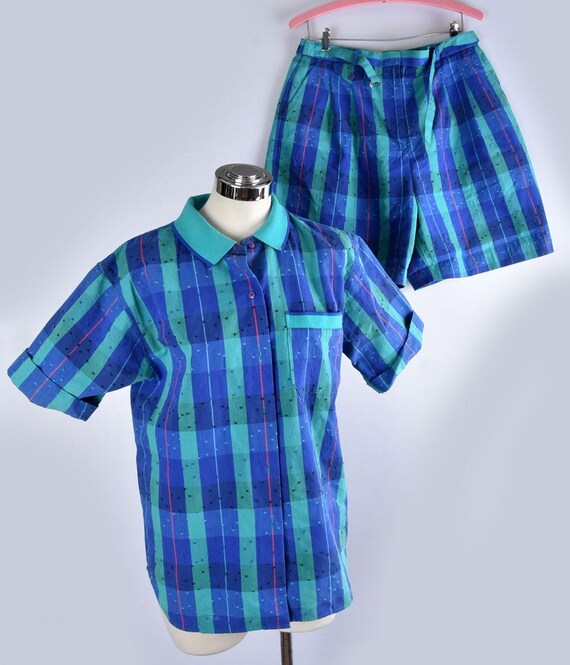 80's IZOD Club Matching Set Preppy Blue Plaid Shorts … - Gem