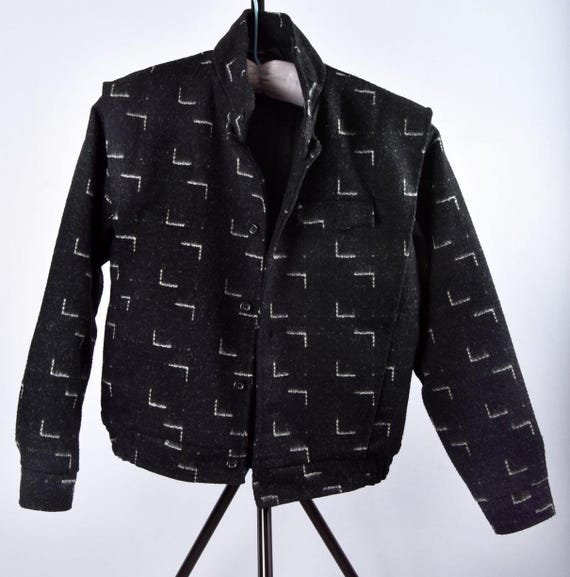 1980's Wool Winter Coat, V Shape Jacket, Black & Whit… - Gem