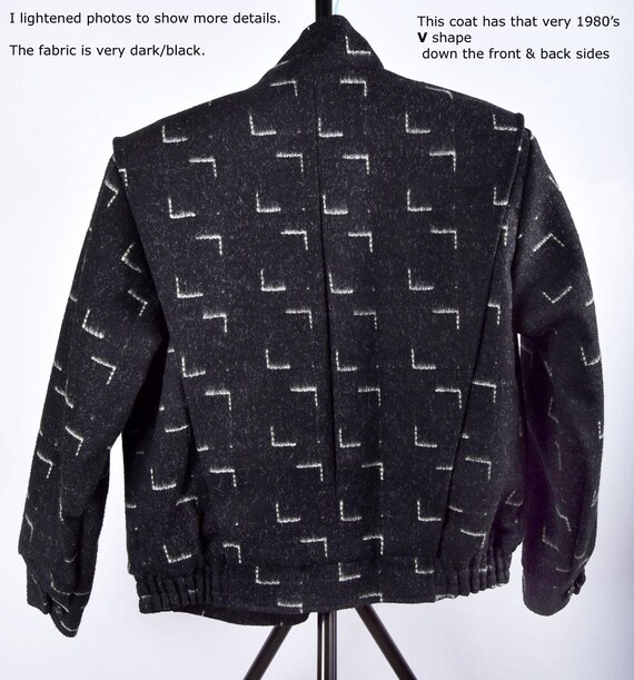 1980's Wool Winter Coat, V Shape Jacket, Black & Whit… - Gem