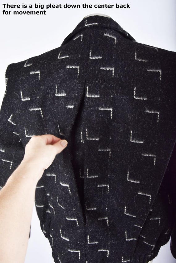 1980's Wool Winter Coat, V Shape Jacket, Black & Whit… - Gem