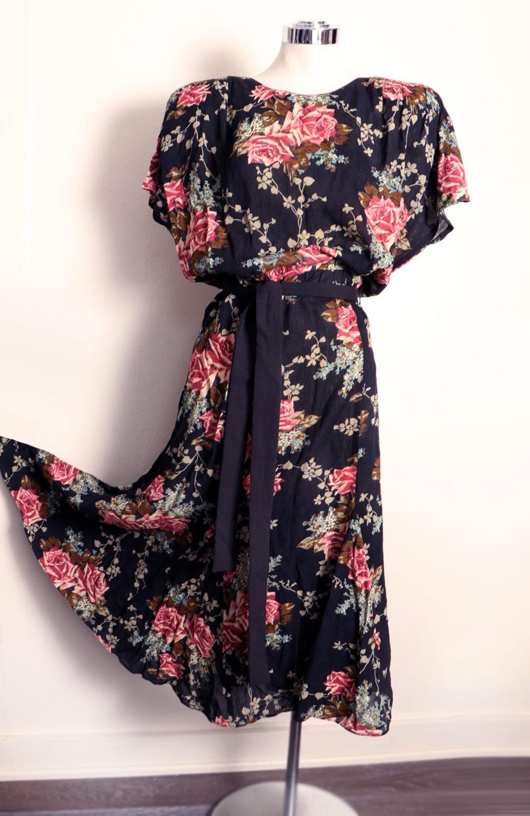 30's Style Black ROSE PRINT Dress, Vintage, 1980's, Size Large Cottage ...
