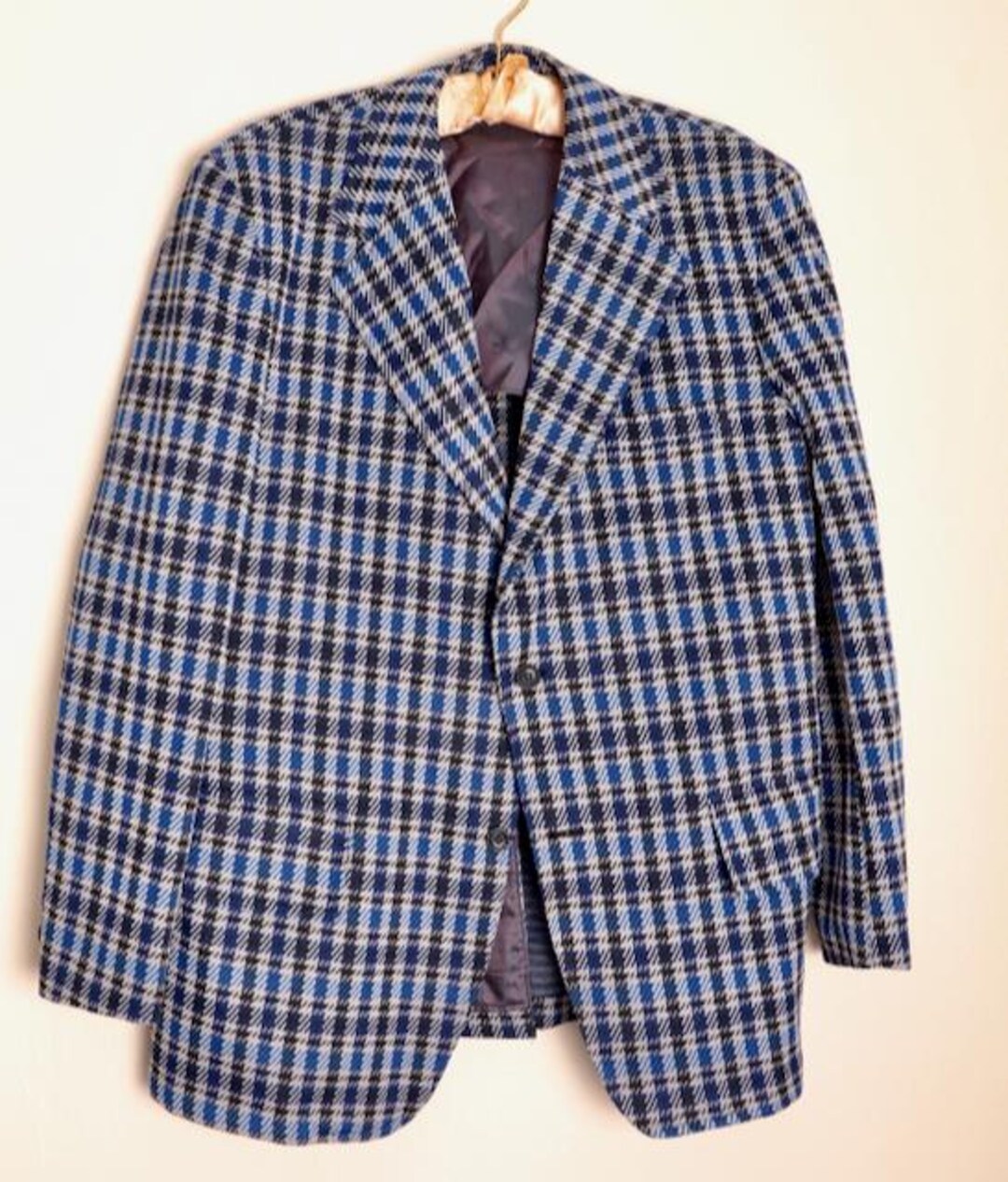 70's Blue Bold Check Hounds Tooth Print Polyester Knit Men's Sport Coat ...