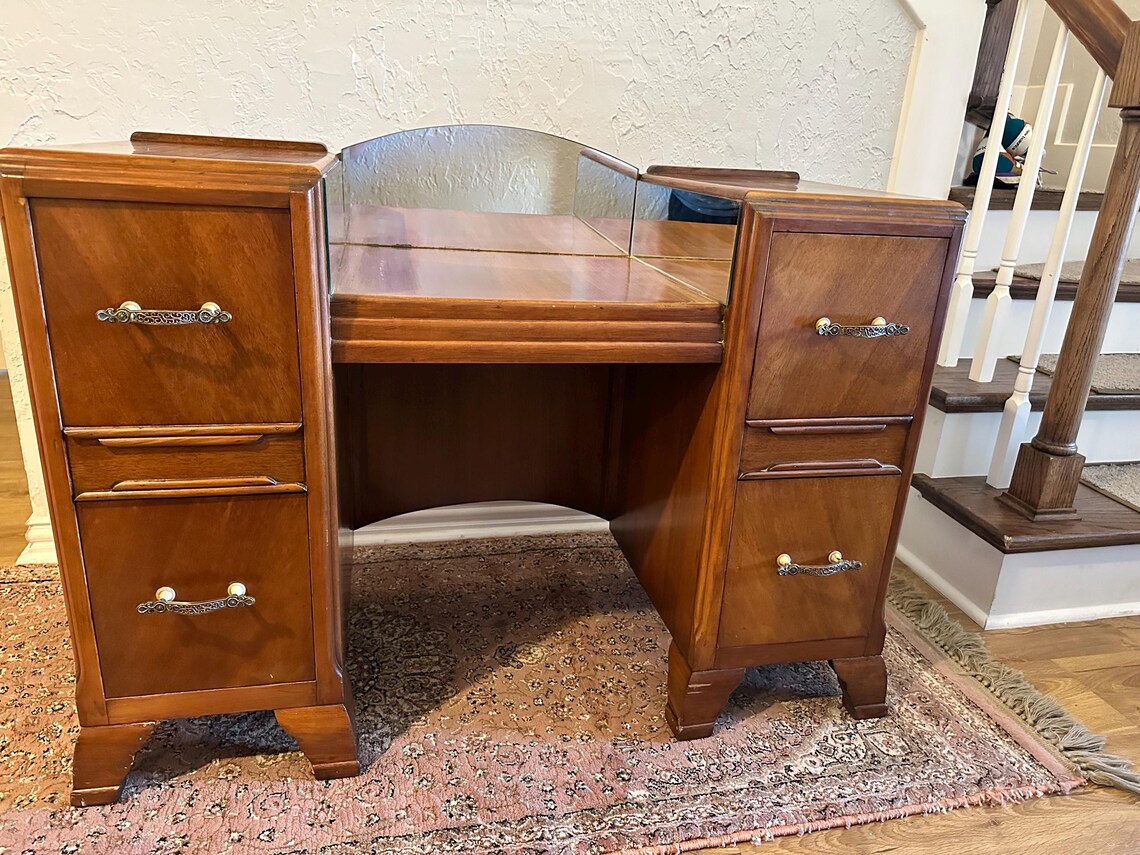 Vintage Art Deco Vanity Desk – 1930s 1940s Walnut Waterfall Dressing ...