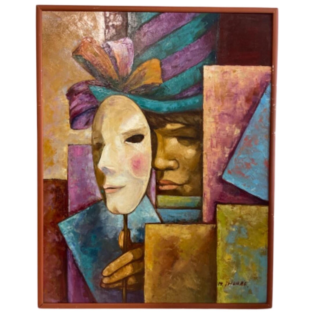 Vintage Cubist-style Mask Portrait Painting | Framed Art - Etsy
