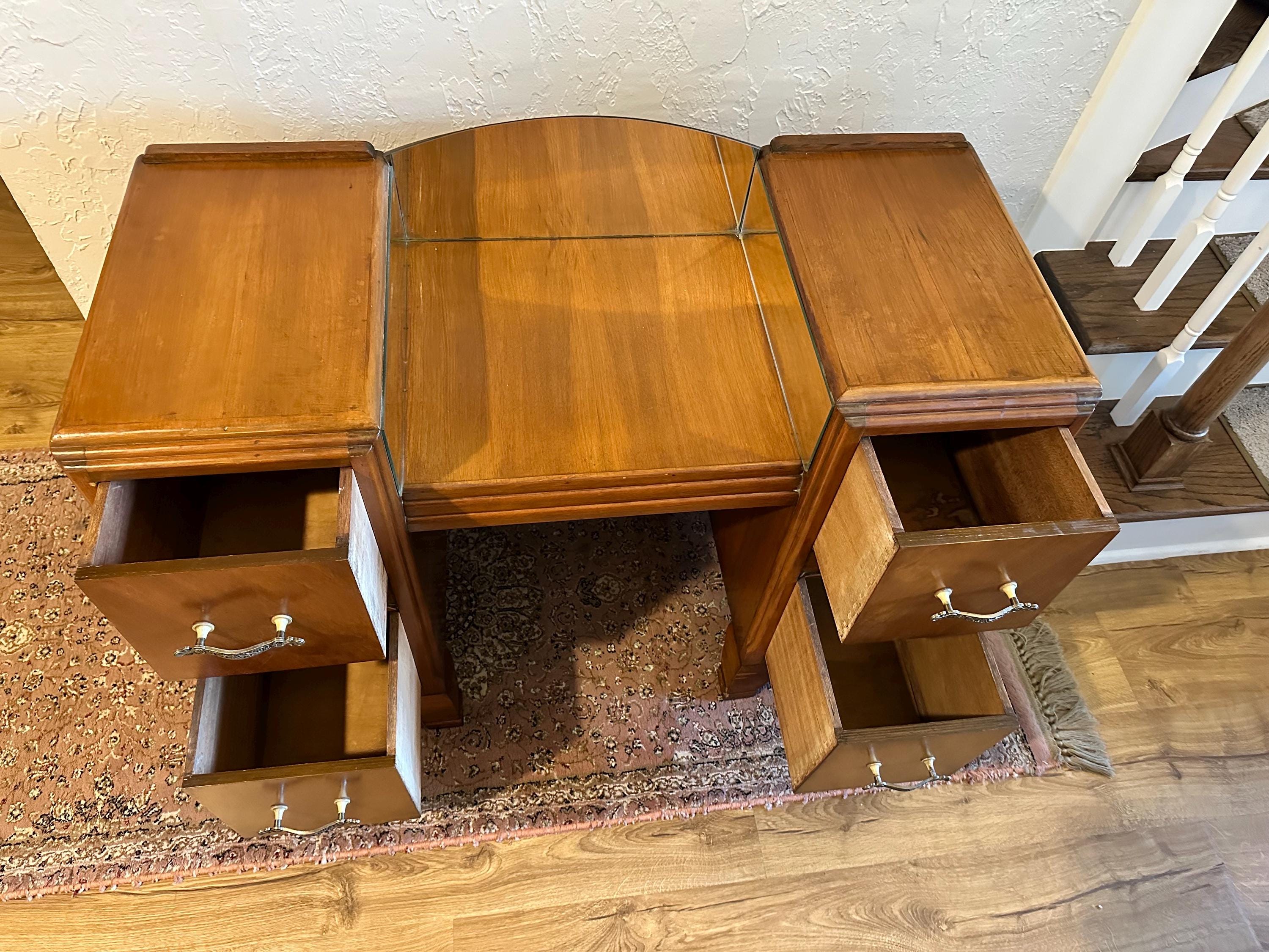Vintage Art Deco Vanity Desk – 1930s 1940s Walnut Waterfall Dressing ...